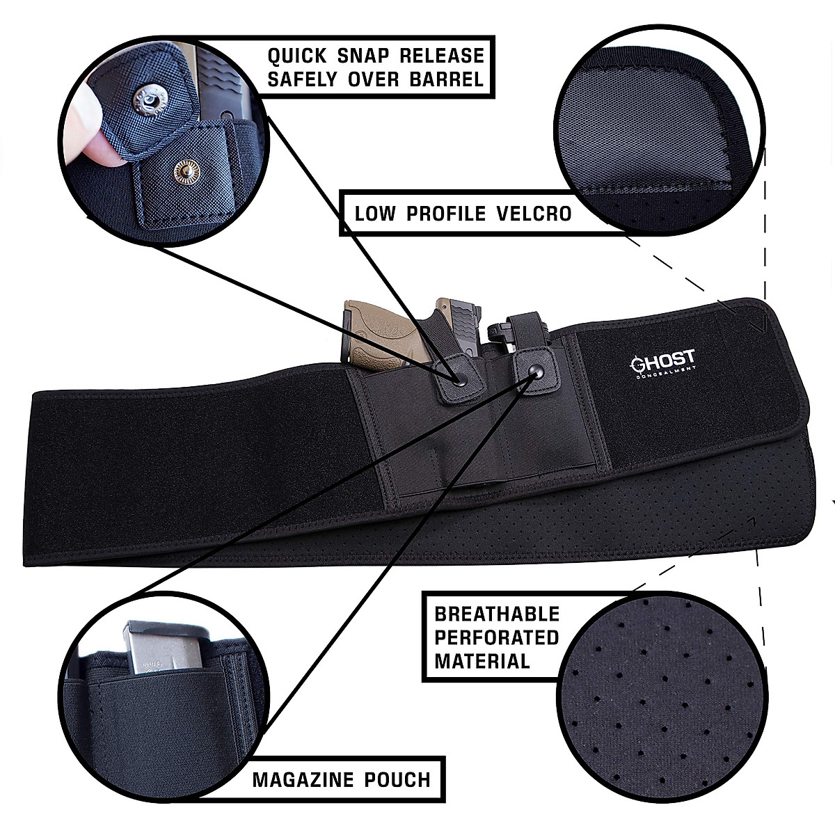 Ghost Concealment L Belly Band Holster for Concealed Carry | Fits up to a 54" Belly | IWB Gun Holsters | Men and Women (Right)