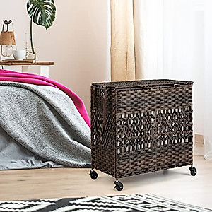 GOFLAME Laundry Hamper with Lid and Wheels, 110L Folding Synthetic Rattan Clothes Hamper with 2 Removable & Washable Liner Bags, Pulling Strap, Rolling Divided Laundry Basket for Laundry Room Bedroom
