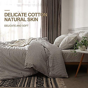 JELLYMONI 100% Natural Cotton 2pcs Striped Duvet Cover Sets,White with Grey Stripes Pattern Printed Comforter with Zipper Closure & Corner Ties(Twin Size)