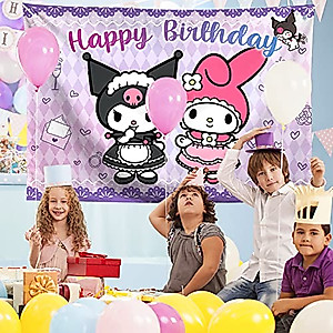 5x3FT Purple Themed Birthday Party Supplies, Cute Cartoon Birthday Banner, Anime Birthday Decorations Backdrop for Girls, Kawaii Themed Background for Party