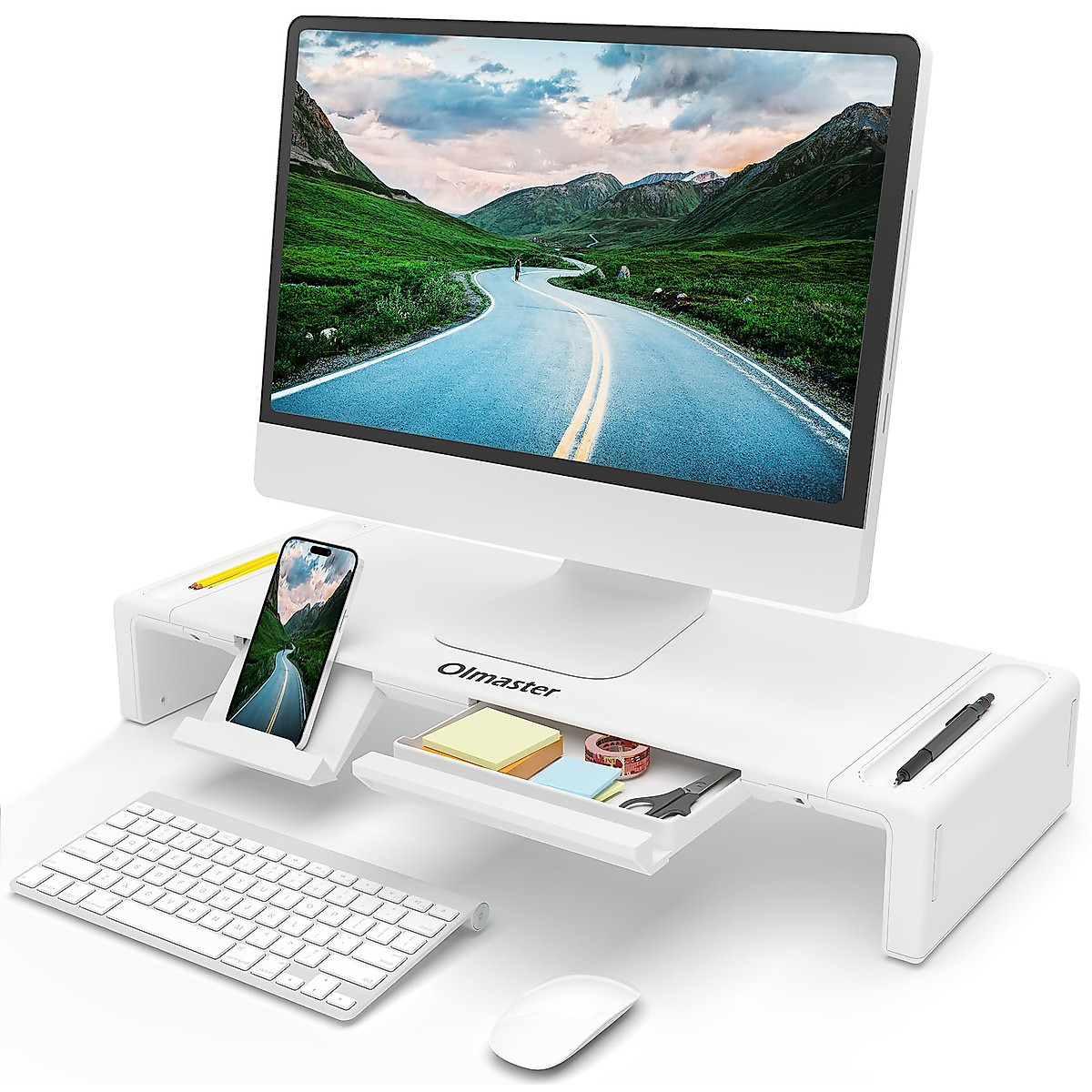 Monitor Stand Riser, OImaster Foldable Computer Monitor Riser, Adjustable Height Computer Stand and Storage Drawer & Pen Slot, Phone Stand Compatible Computer, Desktop, Laptop, Save Space (White)