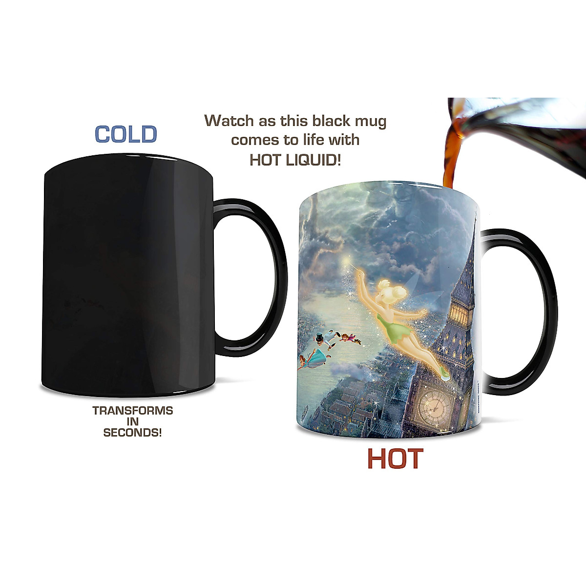 Morphing Mugs Disney - Peter Pan - Tinker Bell - Fly to Neverland - One 11 oz Color Changing Heat Sensitive Ceramic Mug – Image Revealed When HOT Liquid Is Added!