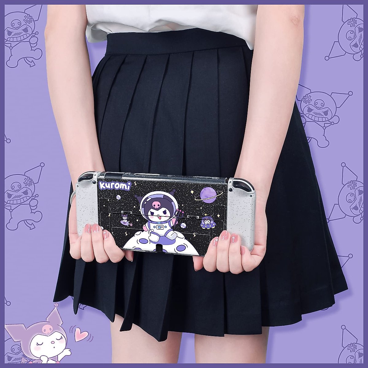 DLseego Little Devil Rabbit Glitter Switch OLED Protective Case Astronaut Clear Dockable Anti-Scratch Hard Shell Soft TPU Joy Con Cover with 2PCS Cute Cartoon Thumb Grips Caps for Switch 2021 Version