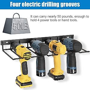 Homtgoe Drill Storage Rack Wall Mounted Power Tool Organizer Heavy Duty Steel Floating Tool Shelf Space Saving Electric Drill Storage Rack Anti-Slid Storage Rack for Garage Home Workshop Shed