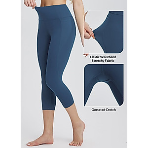 BALEAF Women's Capri Leggings with Pockets Yoga Plus Size High Waisted Workout Running Gym Casual Pants Denim Blue M