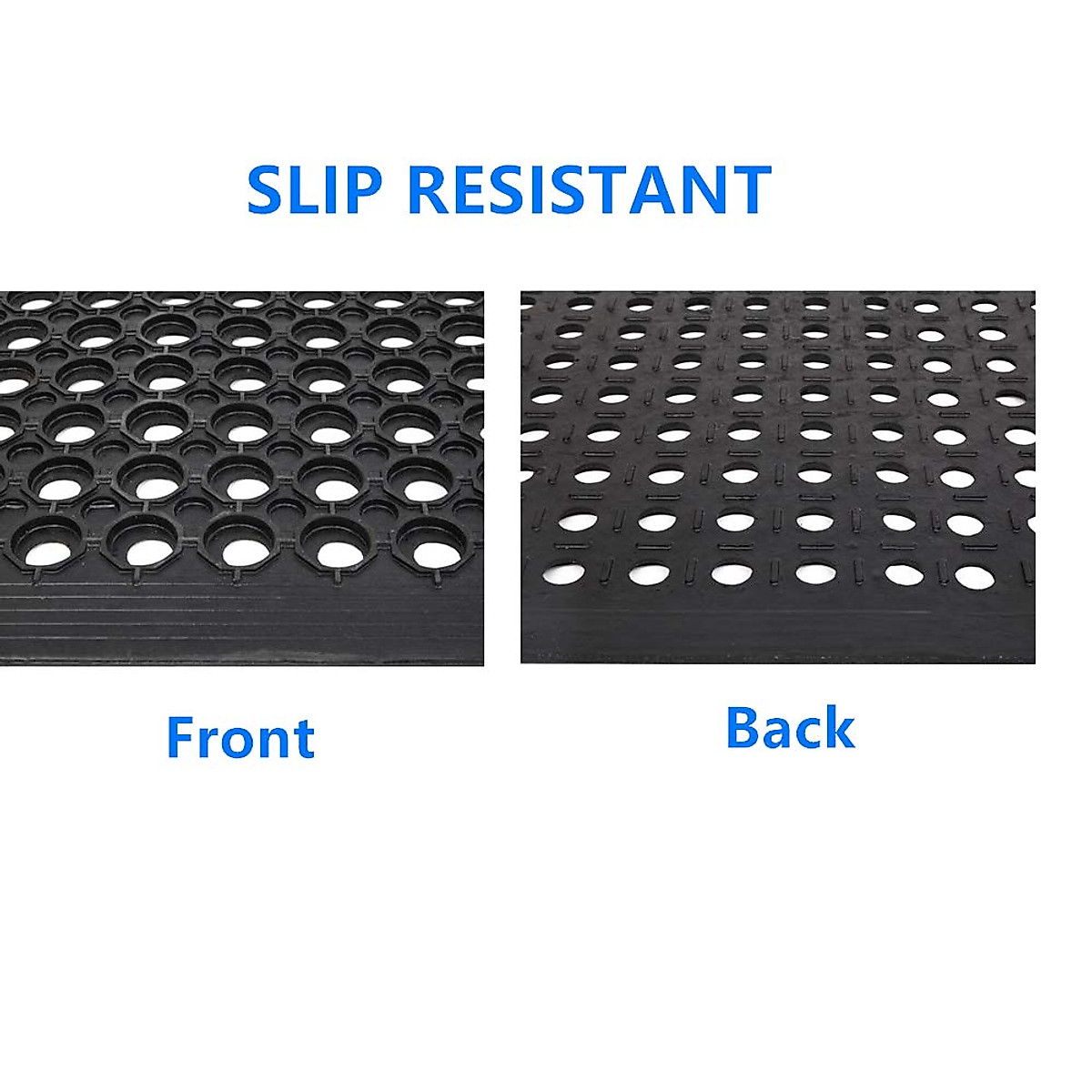 Rubber Door Mat, Anti- Fatigue Drainage Floor Mat, Non-Slip Bath Mat for Kitchen Bathroom Restaurant Bar Garage Garden Industrial, Indoor Outdoor, Black 24" x 36"