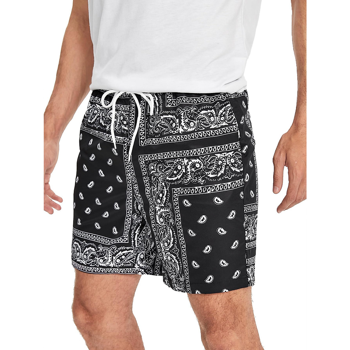 Floerns Men's Boho Tribal Print Drawstring Waist Summer Shorts with Pocket Black & White Paisley S