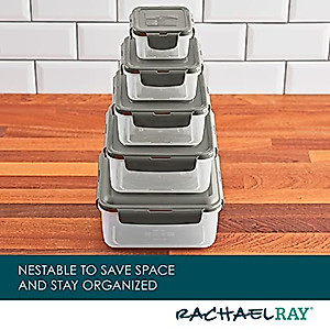 Rachael Ray Leak-Proof Nestable Container Food Storage Bin Set, 10-Piece Square, Gray Lid