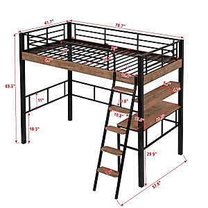 Twin Loft Bed with Desk and Storage Shelf, Metal Loft Bed Twin Size with Wider Ladder and Full Length Guardrail, Twin Size Loft Bed for Kids, Teens, Twin Loft Bed Black+Natural