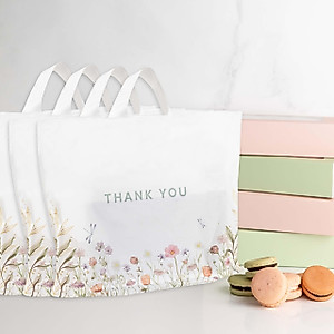 Purple Q Crafts Thank You Bags for Business and Stores 50 Pack 15" W x 12" H Floral Plastic Shopping Bags With Soft Loop Handle