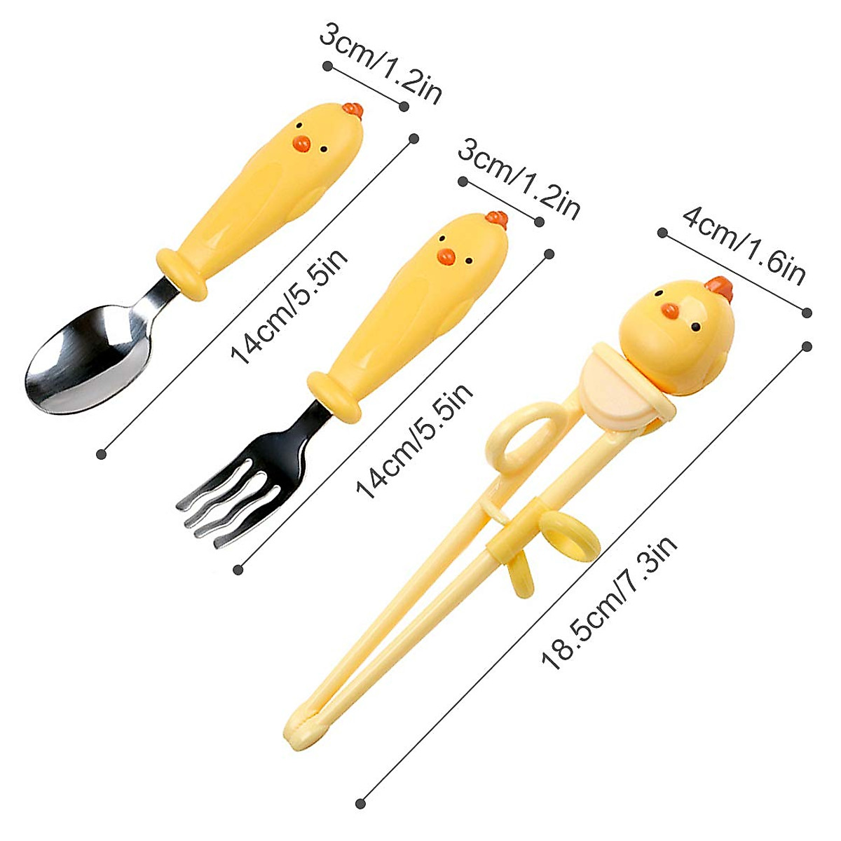 Training Chopsticks Set for Kids and Beginners,Chopstick Spoon Fork and Case Set,Reusable Learning Chopsticks with Attachable Learning Chopstick Helper - Right Handed Only Stainless Steel Yellow