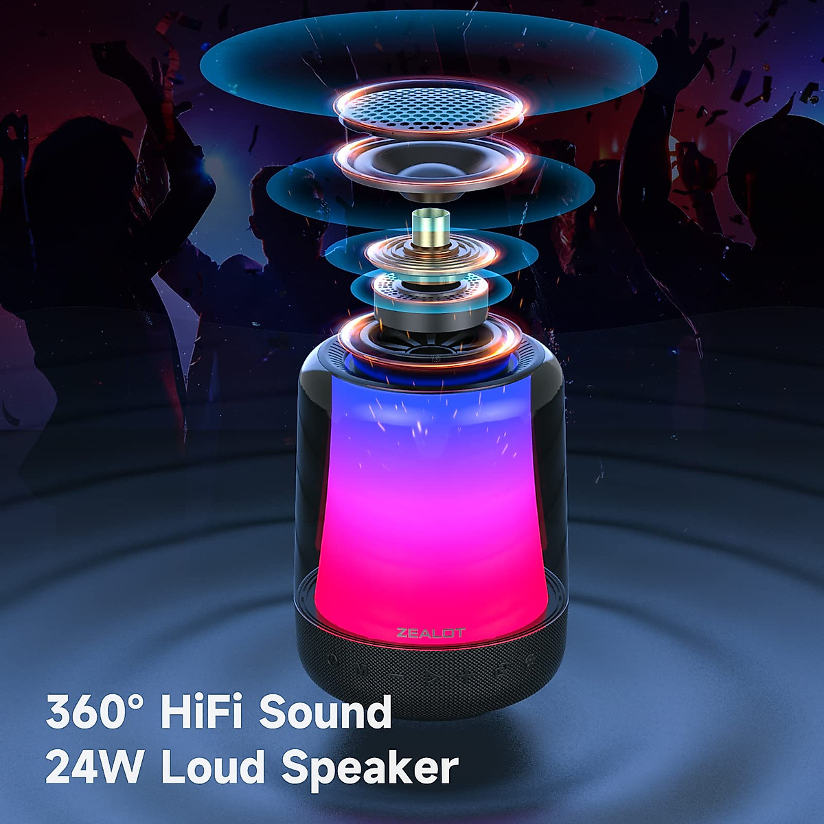 ZEALOT Bluetooth Speaker, Portable Bluetooth Speaker with 11 Colors Lights, 24W Loud HD Stereo Sound, Super Bass Wireless Speaker,V5.2 Bluetooth, Dual Pairing,TF Card/USB/AUX for Party,Home,Outdoor