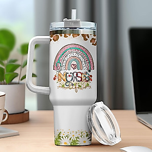 99WHALE Tumbler 40 Oz With Handle Lid And Straw, Nurse Gifts, Black Camo White Engraved Print Travel Nurses Tumblers Handle Funny Cups Nursing For, Great Nurse Rainbow Daisy Flower