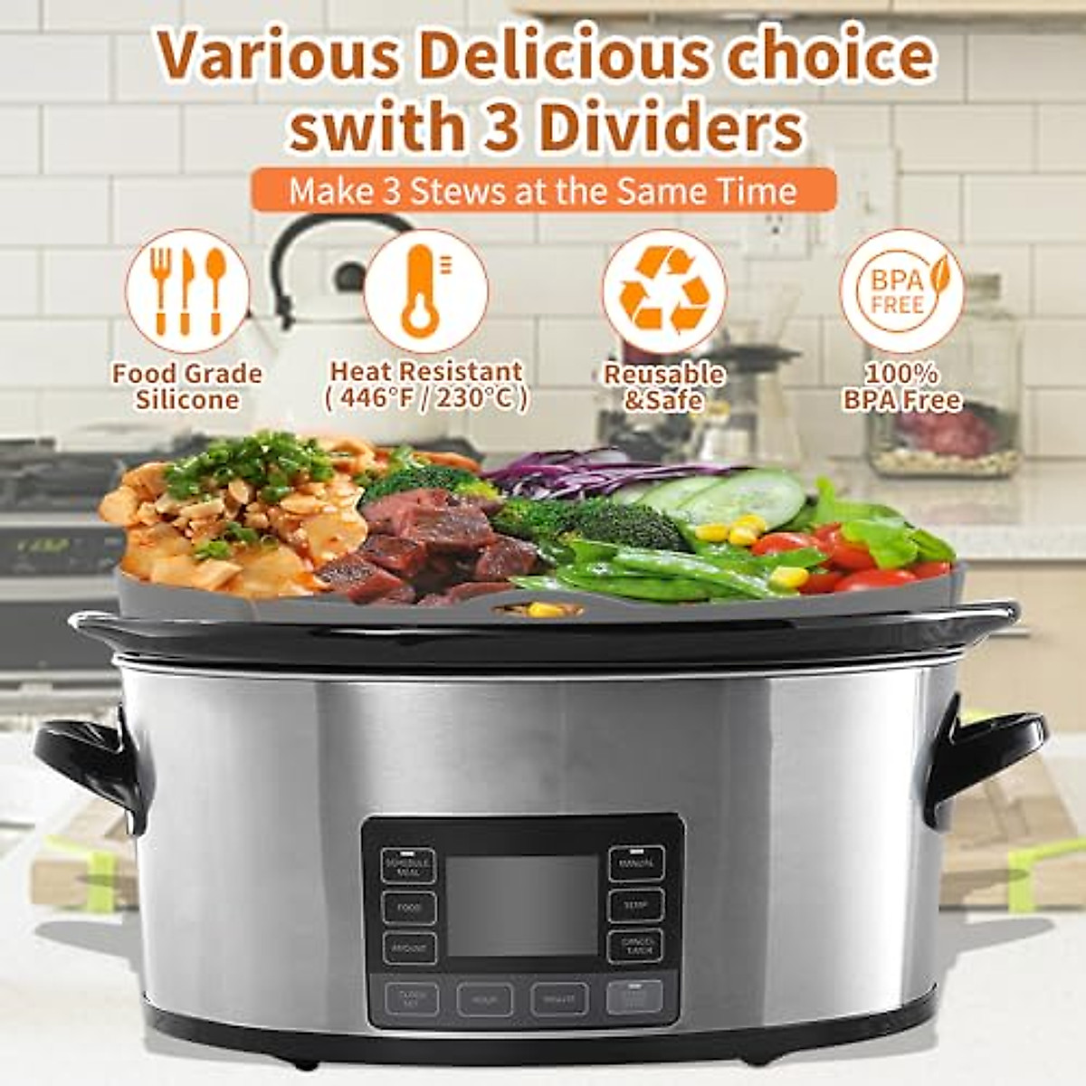YSF Silicone Slow Cooker Liners, Reusable 4 Divider Inserts, Fits Crock-pot Oval 8 QT 4-in-1 Slow Cooking, Leakproof, Dishwasher Safe, Food-Grade BPA Free, 8 Quart Cook Four Dishes at Once (Gray)