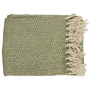 SouvNear Throws - 65 x 52 Inch Hand-Woven 100% Cotton Throw Blanket Lime Green & White Reversible with Tassels Throws for Couch Sofa Chair - Home Decor Furnishings