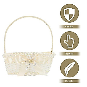 BESPORTBLE Wicker Storage Basket White Basket Handle Wedding Flower Girl Baskets Wedding Flower Candy Storage Basket Rustic Wedding Gift Basket Wicker Picnic Baskets