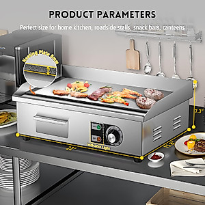 Moogiantgo Commercial Electric Griddle 22’’, 1600W Non-Stick Countertop Flat Top Grill Stainless Steel, Removable Oil Box, Adjustable Temperature 0-300℃, Teppanyaki Grill for Restaurant Kitchen, 110V
