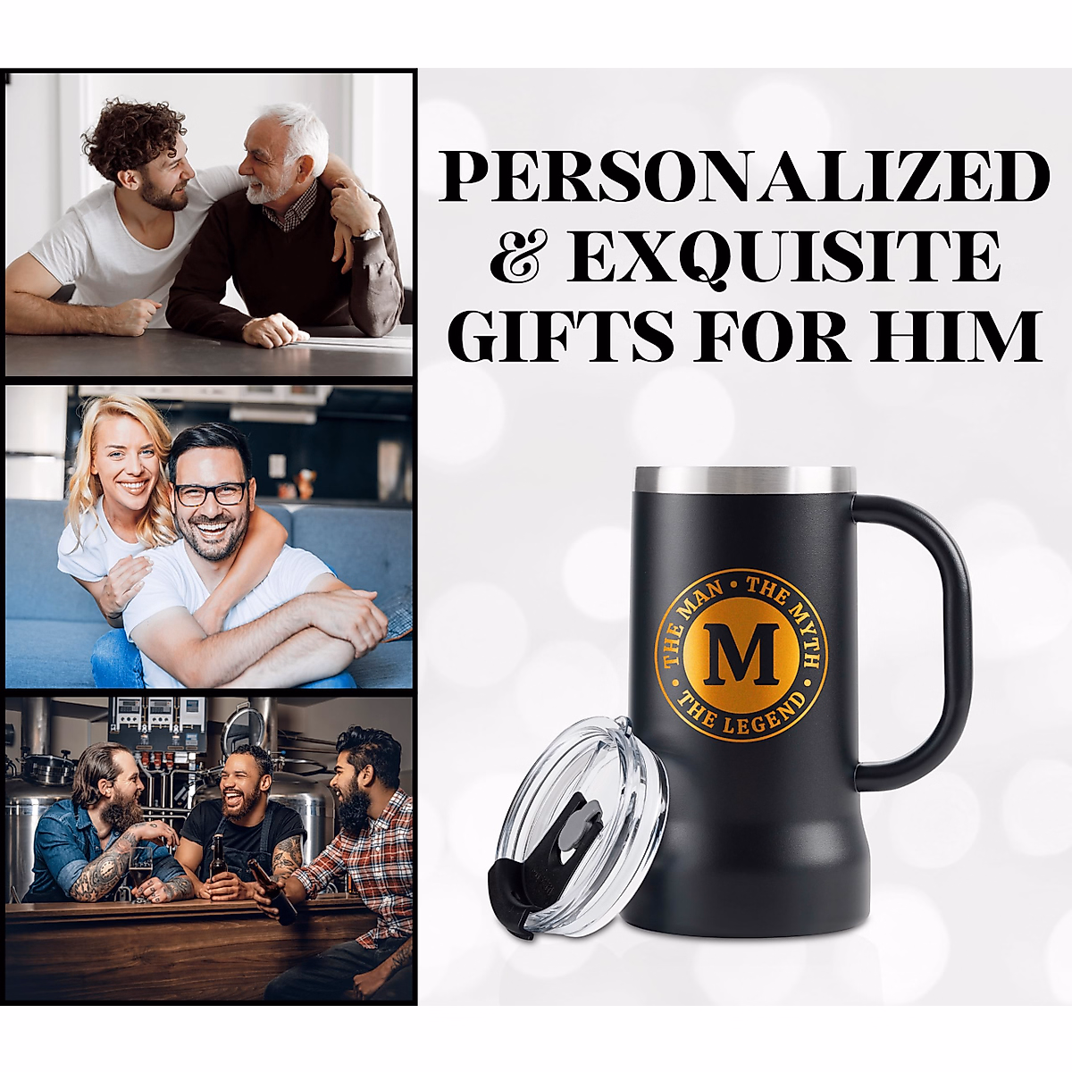 Onebttl Personalized Travel Mug with Handle, Beer Stein for Men, Funny Custom Alcohol Gifts for Beer Lovers, Unique Birthday Christmas Gifts for Him, the Man the Myth the Legend, A