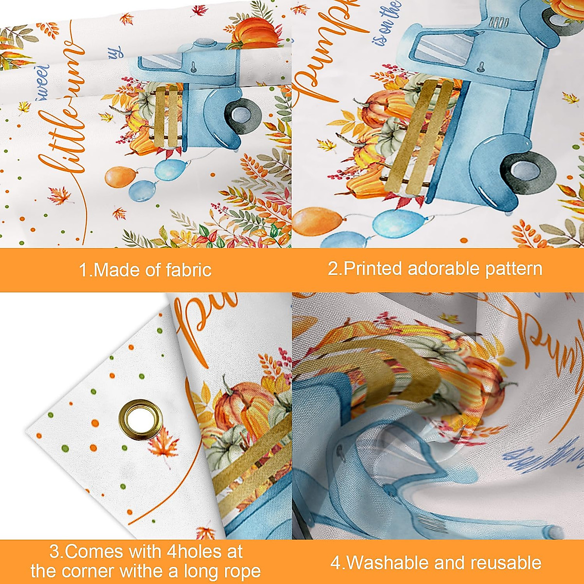 MEHOFOND Little Pumpkin Baby Shower Party Decorations Backdrop Autumn Fall Baby Shower Banner A Sweet Little Pumpkin is On The Way Blue Truck Maple Leaves Baby Shower Party Decor Supplies (72x44Inch)