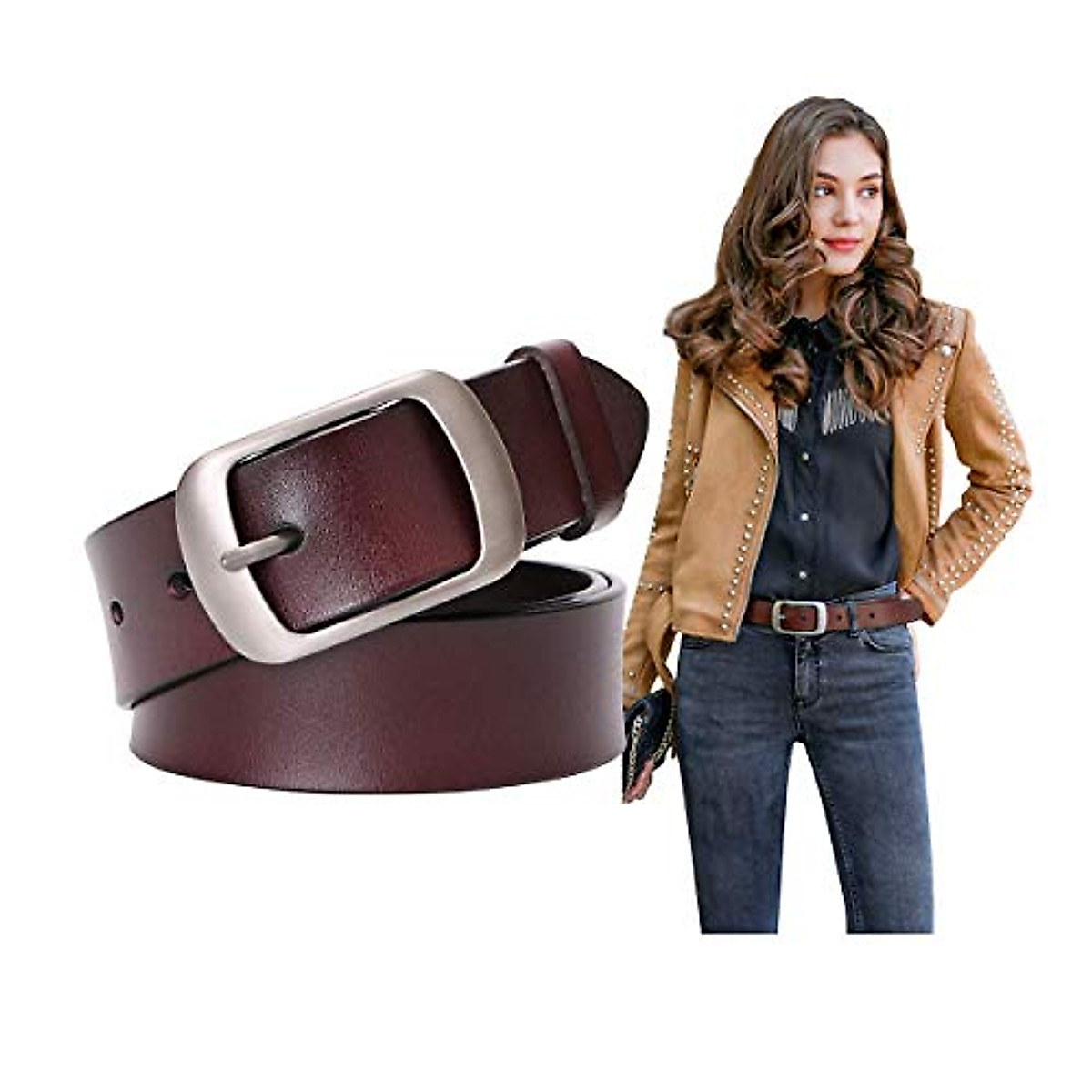 SUOSDEY Fashion Womens Genuine Leather Belt, Waist Belt with Pin Buckle for Jeans Pants, coffee,width 1.3'',Medium: fits waist from 31''-37''
