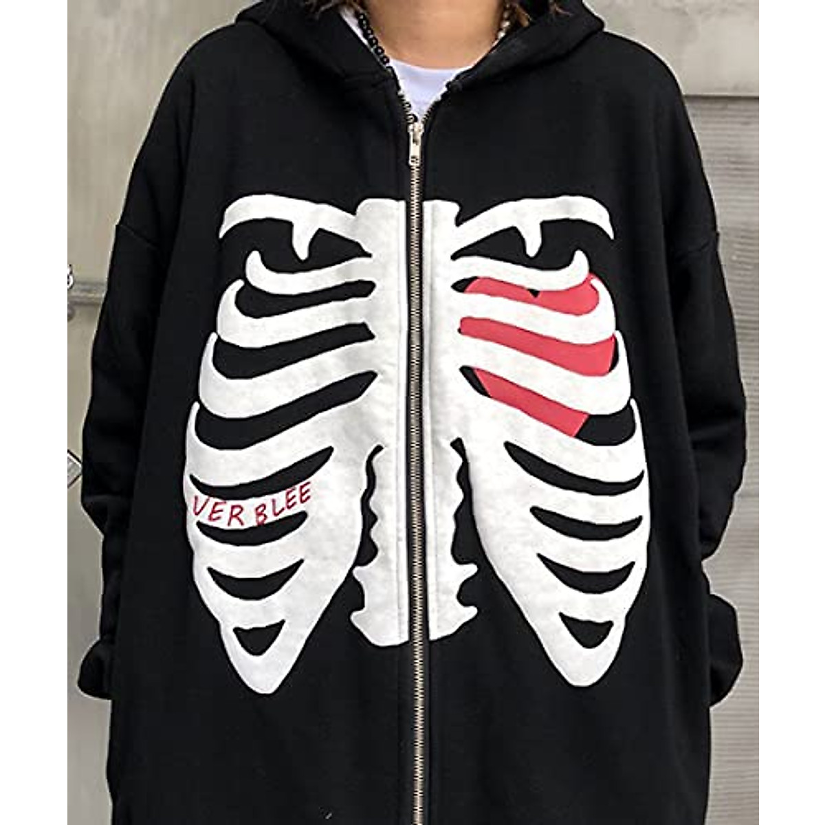 WINKEEY Women's Zip Up Skeleton Print Hoodie Y2K E-Girl Long Sleeve Hooded Jacket Sweatshirt (XL,Black)