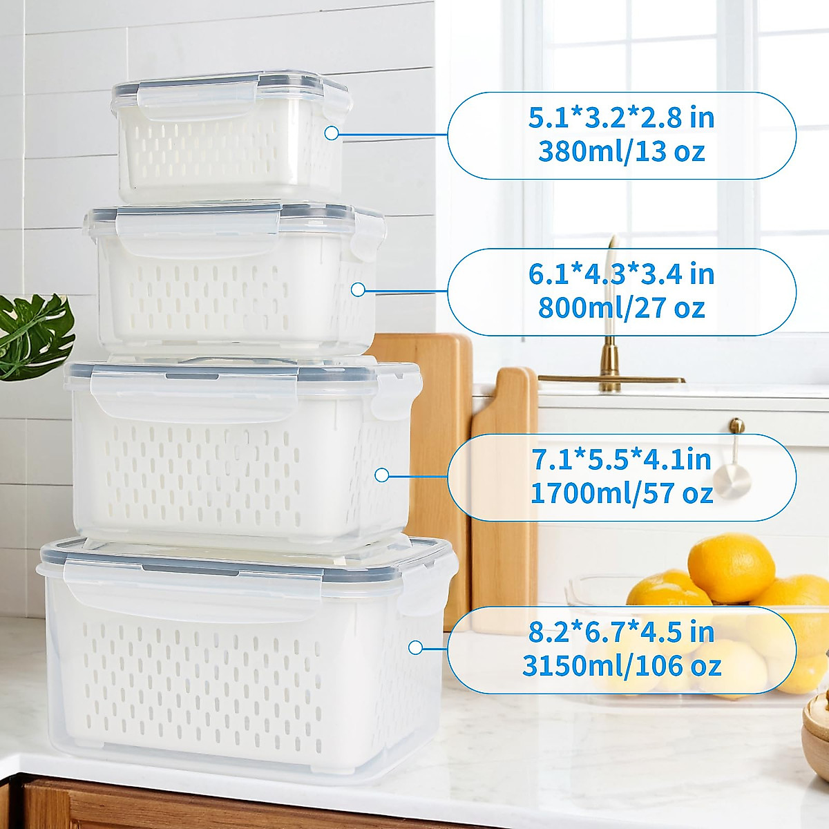 4 Pack Fruit Storage Containers for Fridge with Removable Colanders, Produce Storage Containers for Fridge, Airtight Food Storage Containers for Berry Fruit Vegetable Meat Keeper Fresh (with handle)