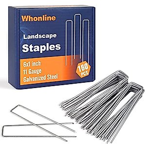 Whonline 160pcs Garden Staples, 6 Inch 11 Gauge Landscape Staples Heavy Duty Galvanized Garden Stakes for Landscape Fabric Sod Anchoring Weed Barrier Irrigation Tubing