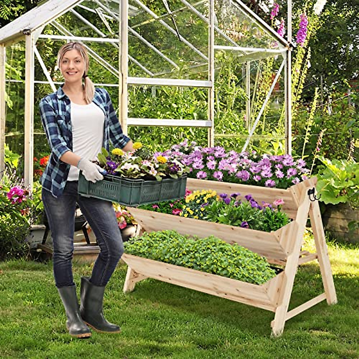 Safstar 3-Tier Vertical Garden Bed, Wooden Elevated Planter Bed with Legs, Storage Shelf, 2 Hooks, Raised Bed Kit for Flower Vegetable Herb, Outdoor Plant Box Stand for Yard Garden Balcony Planter