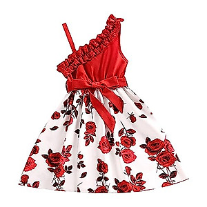 Toddler Kids Baby Girls Summer Casual Sleeveless One Shoulder Strap Floral Pattern Dress Party Kids (Red, 5-6 Years)