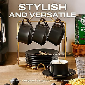 Lareina Espresso Cups with Saucers, Spoons and Metal Stand, Small 4 oz Ceramic Cappuccino Coffee Cups Set of 6, Cute Demitasse Cups with Handle for Nespresso Lungo, Double Espresso, Cortado(Black)