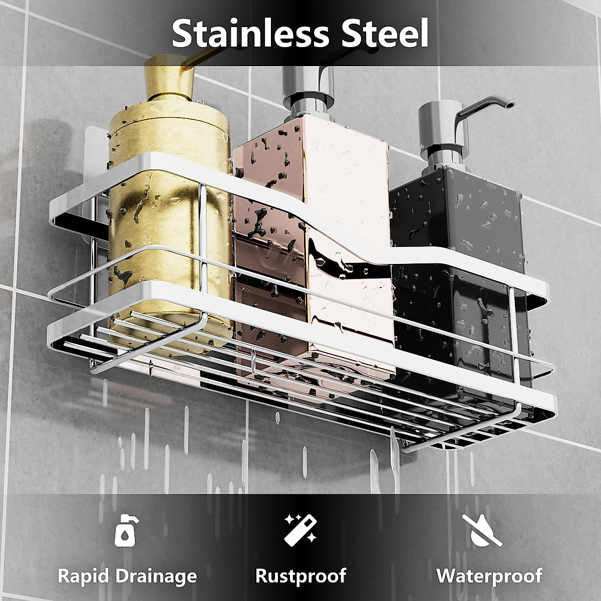 MZF 2-Pack Shower Caddy, No Drilling Adhesive Shower Shelf, Rustproof Stainless Steel Bathroom Shower Organizer Storage, Shower Shelf for Inside Shower & Kitchen Storage, Silver