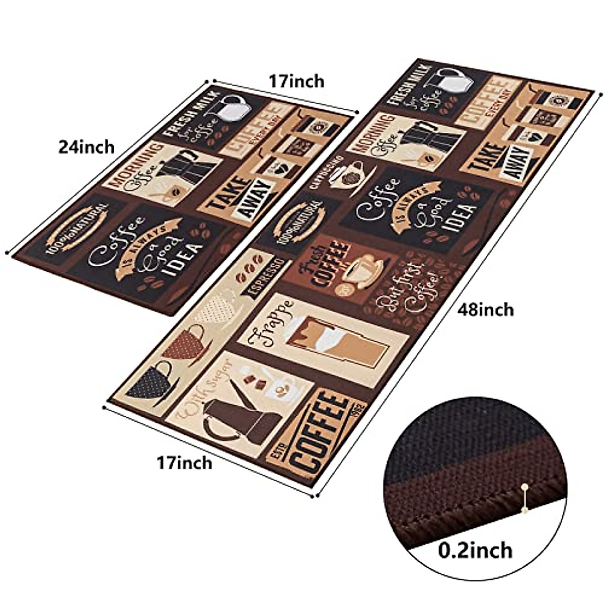 Carvapet 2 Piece Kitchen Rug Set Non-Slip Backing Mat Throw Rug for Kitchen Doormat Runner Rug Set,Cafe Design (17"x48"+17"x24")