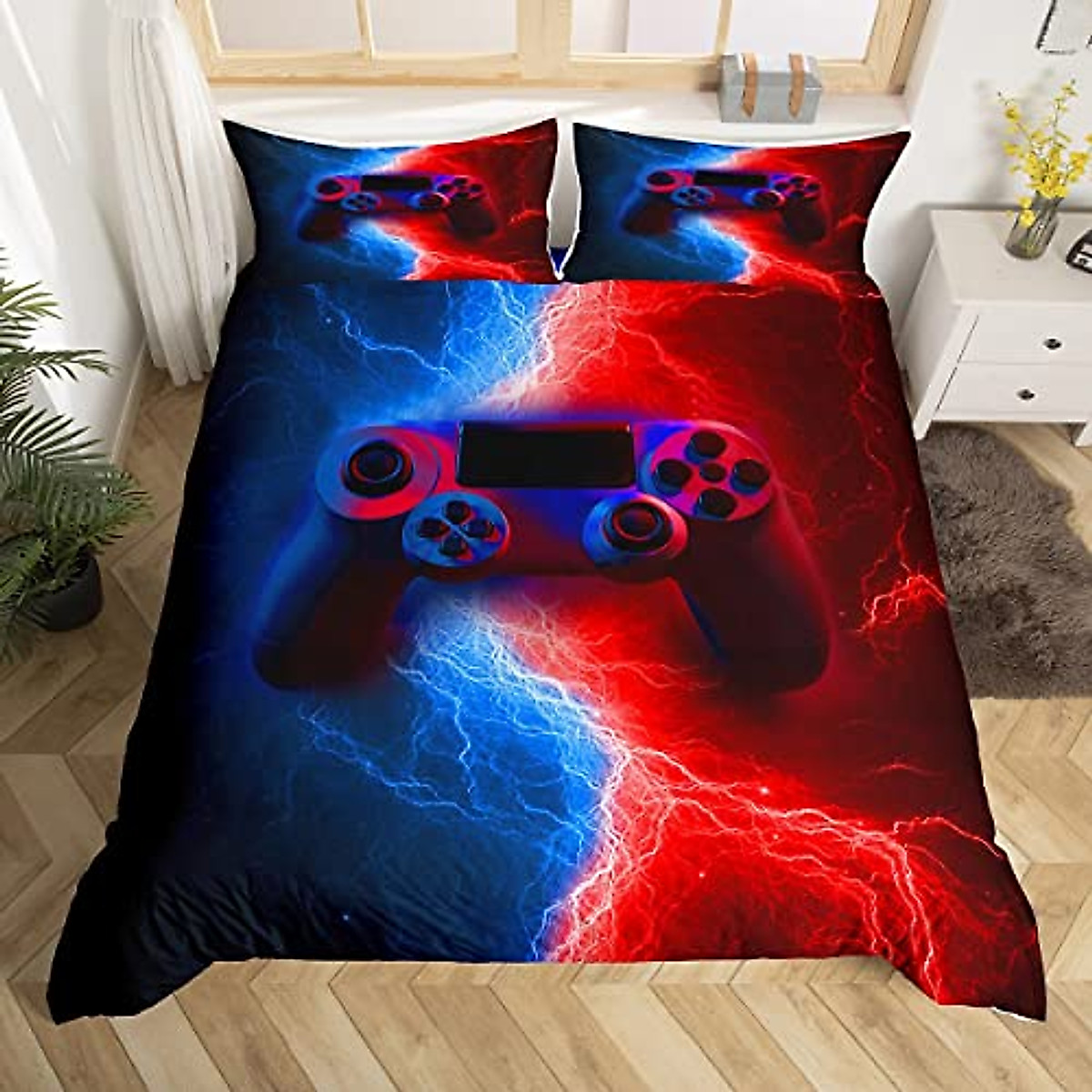 Gamer Gaming Bedding Sets Twin Size,Lightnings Gamepad Duvet Cover, Video Games Comforter Cover for Kid Teens Boys Man, Modern Bedroom Decor 2 Pcs Bedding Set,Red Blue
