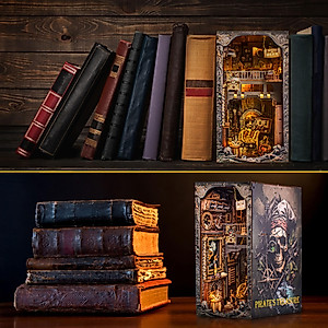 Wimlade Book Nook Kits for Adults, 3D Pirate Ship Puzzle DIY Miniature House Kit for Bookshelf Insert Decor, Wooden Puzzles for Adults with LED Lights, Halloween/Christmas Gifts for Adults and Teens
