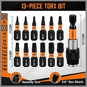 HORUSDY 13Pieces T5-T40 Torx Bits Set - Torx Security Bit Set - Security Torx Bit Set | Star Bits Set - 1/4 Hex Torx