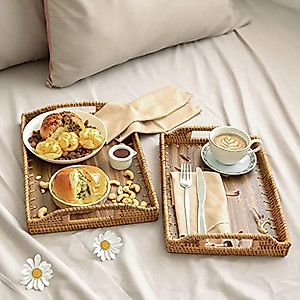 Rattan Decorative Tray with Natural Wood - Coffee Table/Ottoman Tray - Vanity Tray - Fruit Basket - Serving Tray (Small)