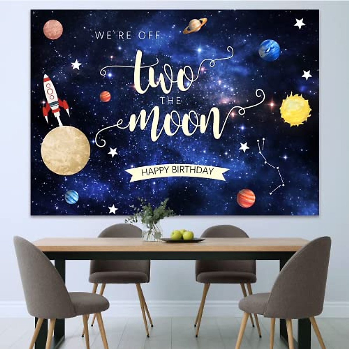 7x5ft Two The Moon 2nd Birthday Backdrop for Boy Kids Outer Space Rocket Astronaut Theme Background Night Sky Gold Hanging Stars Planet Galaxy Photo Photography Party Decoration Supplies
