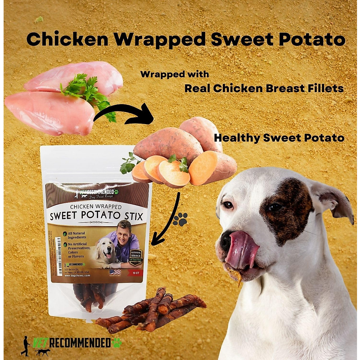 Vet Recommended Premium Chicken Wrapped Sweet Potato Jerky Treats - 10 Count | Made with Real Chicken and Sweet Potato, Easily Digestible, Long Lasting | Size 90 Grams