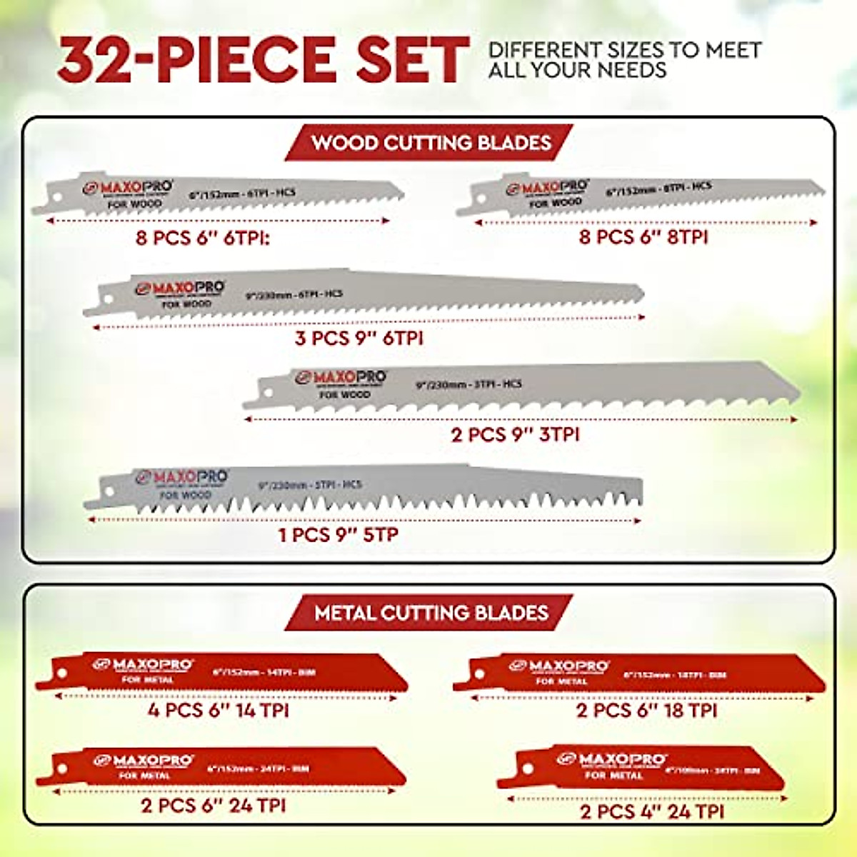 32-Pieces Reciprocating Saw Blades Set – Premium Quality Sawzall Blades for Metal and Woodcutting – Durable & Sharp Pruning Saw Blades with Organizer Pouch - by MaxoPro