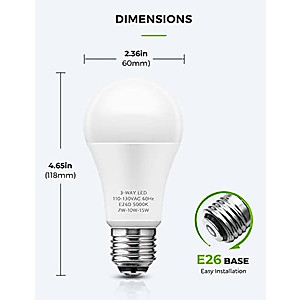 3 Way Light Bulbs, LOHAS 3 Way LED Light Bulbs 50 100 150W Equivalent, Daylight White 5000K, Three Way A19 Light Bulbs, E26 Base LED Bulbs for Desk Lamps, Floor Lamps, Table Lamps, 2 Pack