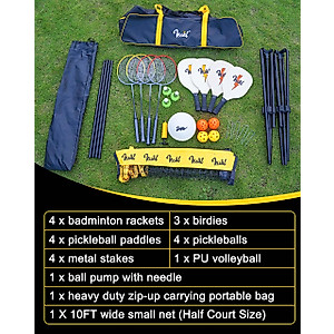 VSSAL 10FT Portable All-in-One Badminton, Pickleball and Volleyball Net Set Half Court (10ft Wide x 7ft max Height) Small Outdoor Sports Set with Adjustable Net for Backyards Beach or Driveway Games