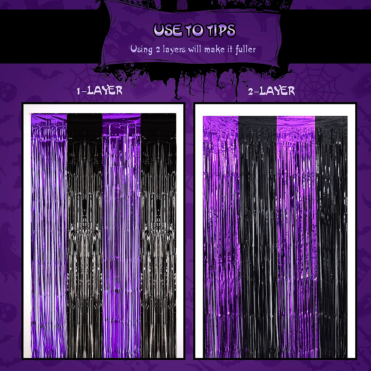 LYUBASA 3 Pack Halloween Party Decorations,Black and Purple Tinsel Foil Fringe Curtains,Halloween Theme Photo Booth Prop Streamer Backdrop Decor Indoor Outdoor Party Supplies for Birthday Anniversary