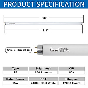 Wesome Lighting 18 Inch F15T8/CW Fluorescent Light Bulbs, Cool White 4100K, T8 15 Watts Fluorescent Bulb Replacement Tube for Counter and Cabinet Fixture, G13 Base - 4 Pack