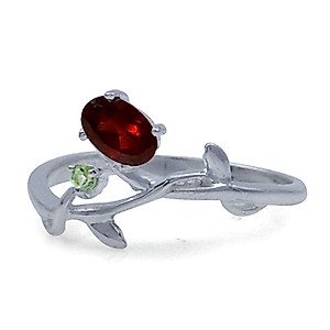 Silvershake Natural Garnet and Peridot White Gold Plated 925 Sterling Silver Vine Leaf Ring Size 4.5