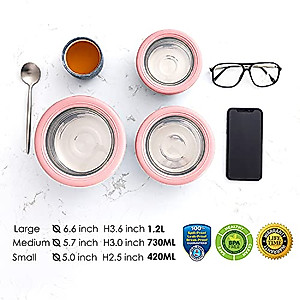 Lille Home Premium Stainless Steel Food Containers/Bento Lunch Box With Anti-Slip Exterior, Set of 3, 420ML, 730ML,1.2L, Leakproof, BPA Free, Portion Control (Pink)