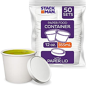 [12 oz. - 50 Sets] Paper Food Container with Lid, Insulated Paper Food Cup with Paper Vented Lid, Hot or Cold to Go Containers, Soup Container, Ice Cream Cup, Yogurt Cup, Eco-Friendly White Container