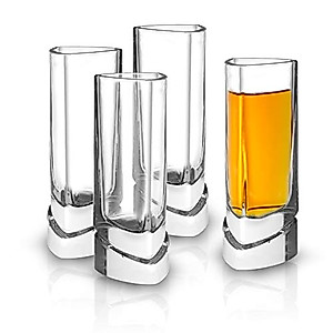 JoyJolt Aqua Vitae Shot Glass Set of 4. Crystal Shot Glasses, Triangle Clear Shot Glasses Set with Off Set Base. 1 – 2 oz Cups for Tequila, Limoncello, Vodka or Aperitif. Fun Christmas Gifts