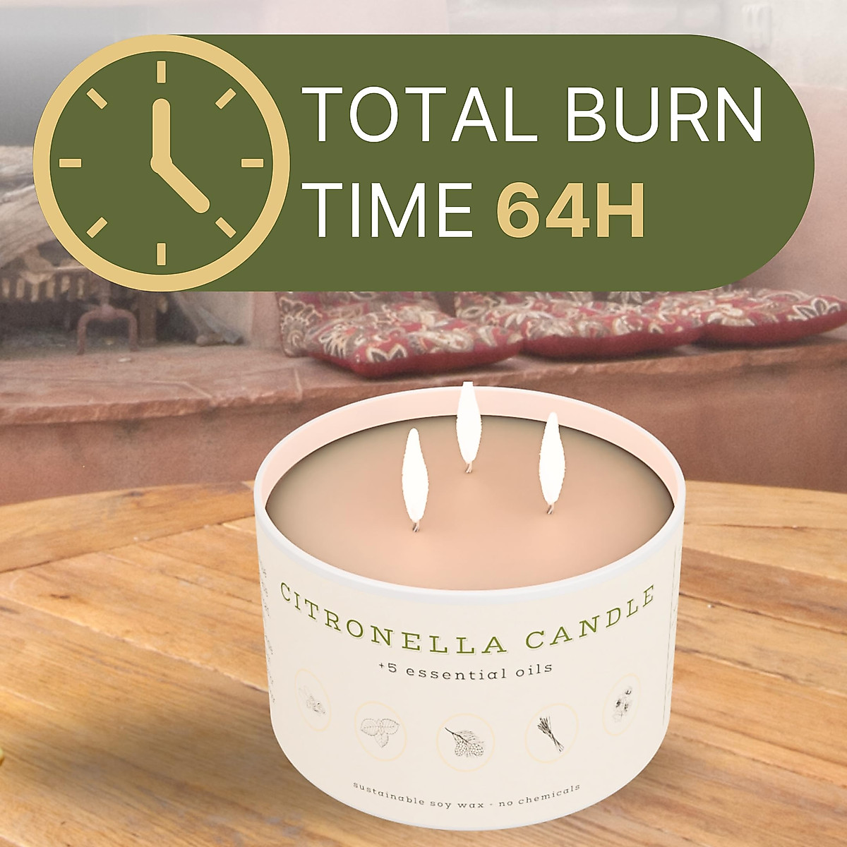 BUZZ DEFENDER 14oz Citronella Candles Outdoor - 100% Natural & Highly Effective 3 Wick Citronella Candles Outdoor - Large Citronella Candle Outdoor - Outdoor Citronella Candles for Patio | 2 Pack, 64h