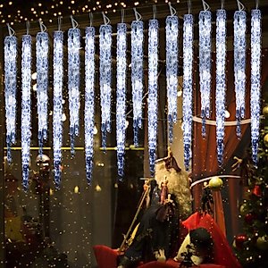 Christmas Icicle Lights with Clips, 10 Tubes 50 LED 15" LED Crystal Ice Falling String Lights, 36 Sets Connectable Waterproof Hanging Christmas Lights Plug in for Winter Roof Holiday Outdoor Decor
