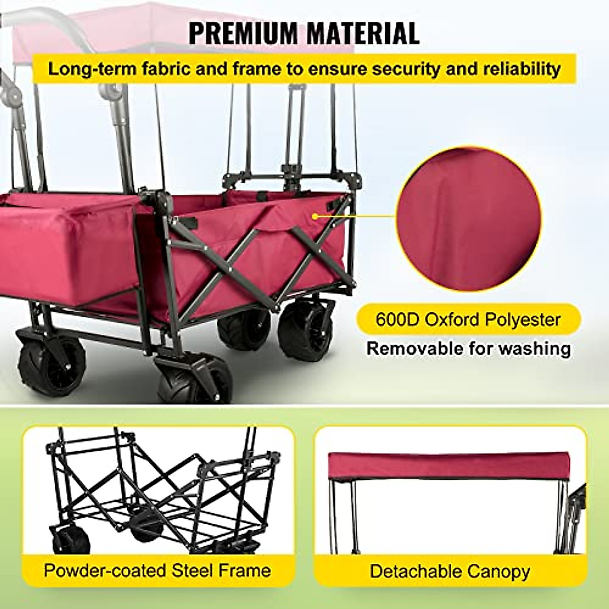 Happbuy Extra Large Collapsible Garden Cart with Removable Canopy, Folding Wagon Utility Carts with Wheels and Rear Storage, Wagon Cart for Garden, Camping, Grocery Cart, Shopping Cart, Red